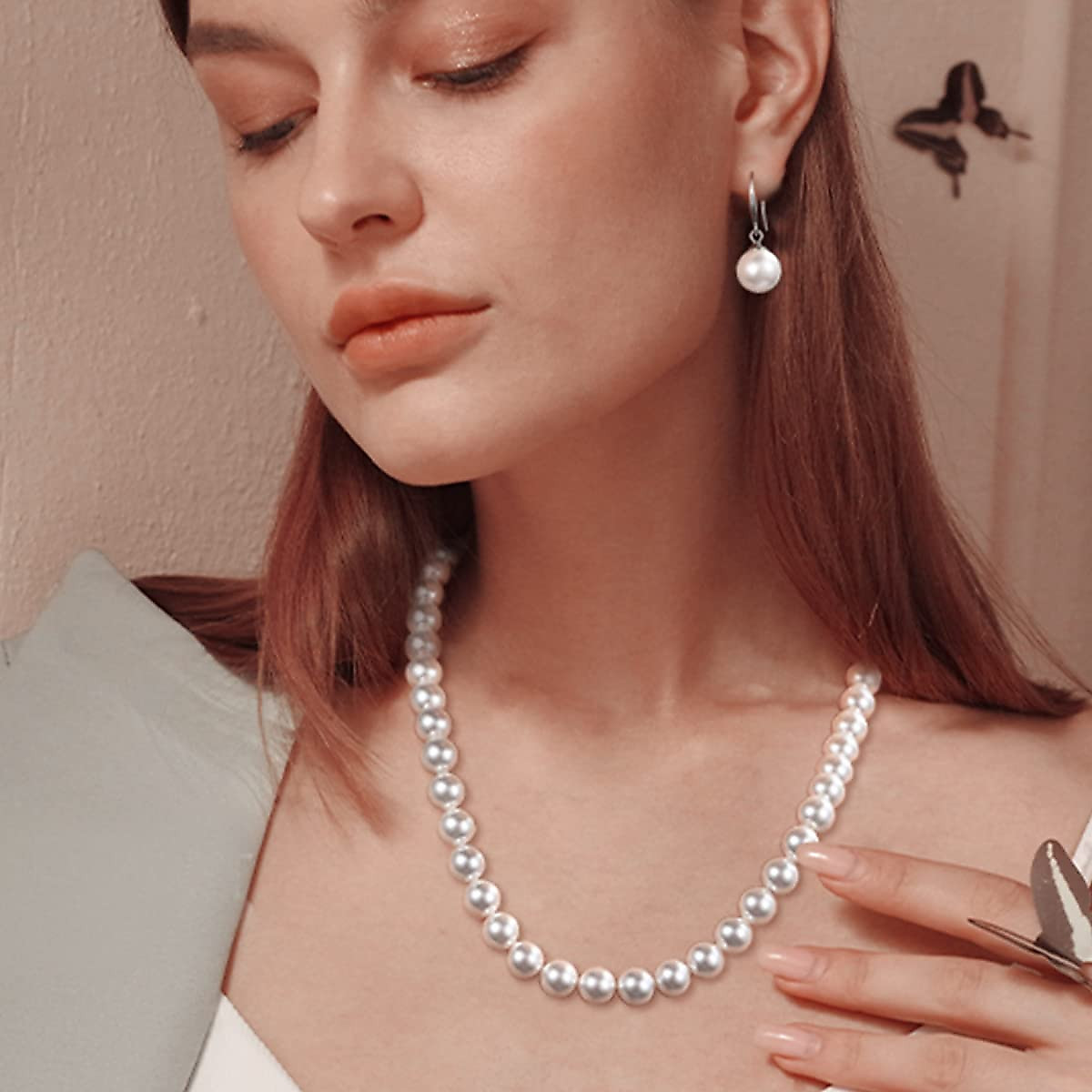 GRAZIOSO Faux Pearl Necklace Set for Women Girls, 8mm Pearl Earrings Bracelet 3 pcs Pearl Jewelry, Birthday Christmas Gift for Brides Mom Wife Sister Best Friend, Gift Box (B)