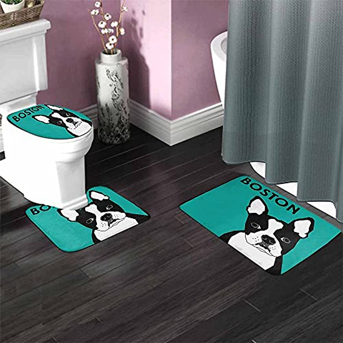 AOYEGO Boston Terrier Bathroom Rugs Set of 3 Cute Cartoon French Bulldog Non Slip 31.5X19.7 Inch Soft Absorbent Polyester for Tub Shower Toilet