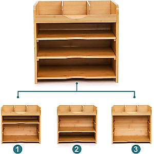 DEAYOU Bamboo Desk File Organizer, 13" Document Letter Tray Sorter with 2 Adjustable Shelves, 4 Tier Mail Organizer Countertop, Paper Storage Holder Box Cubby for Magazine, Office, Home, School