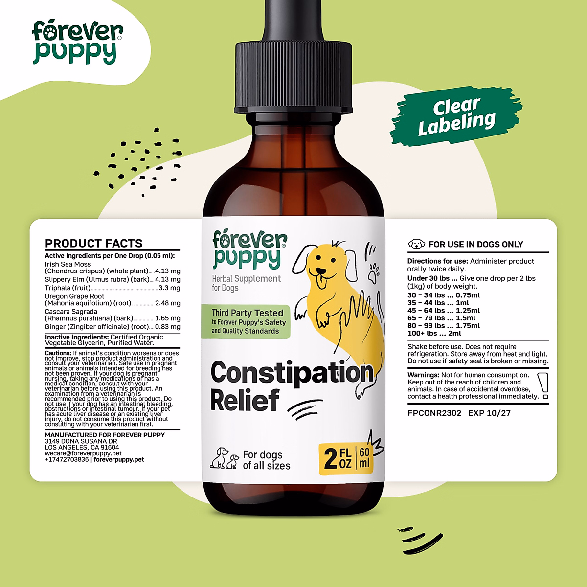 Constipation Relief for Dogs - Stool Softener Drops - Liquid Fiber Supplements w/Irish Sea Moss - Prebiotic Slippery Elm Drops for Dogs - Dog Food Supplements for Mild Constipation Relief - 2 oz