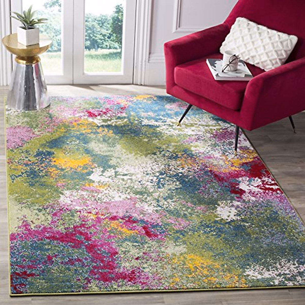 SAFAVIEH Watercolor Collection 6'7" Square Green / Fuchsia WTC697C Colorful Boho Abstract Non-Shedding Living Room Bedroom Dining Home Office Area Rug