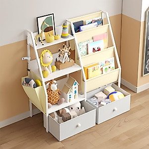 PLYFOU 3 Tier Kids Bookshelf and Toy Storage, Kids Book Sling Shelf, Montessori Toddler Bookshelf for Kids, Kids Bookcase, Toy Storage Organizer, for Playroom, Bedroom, Nursery