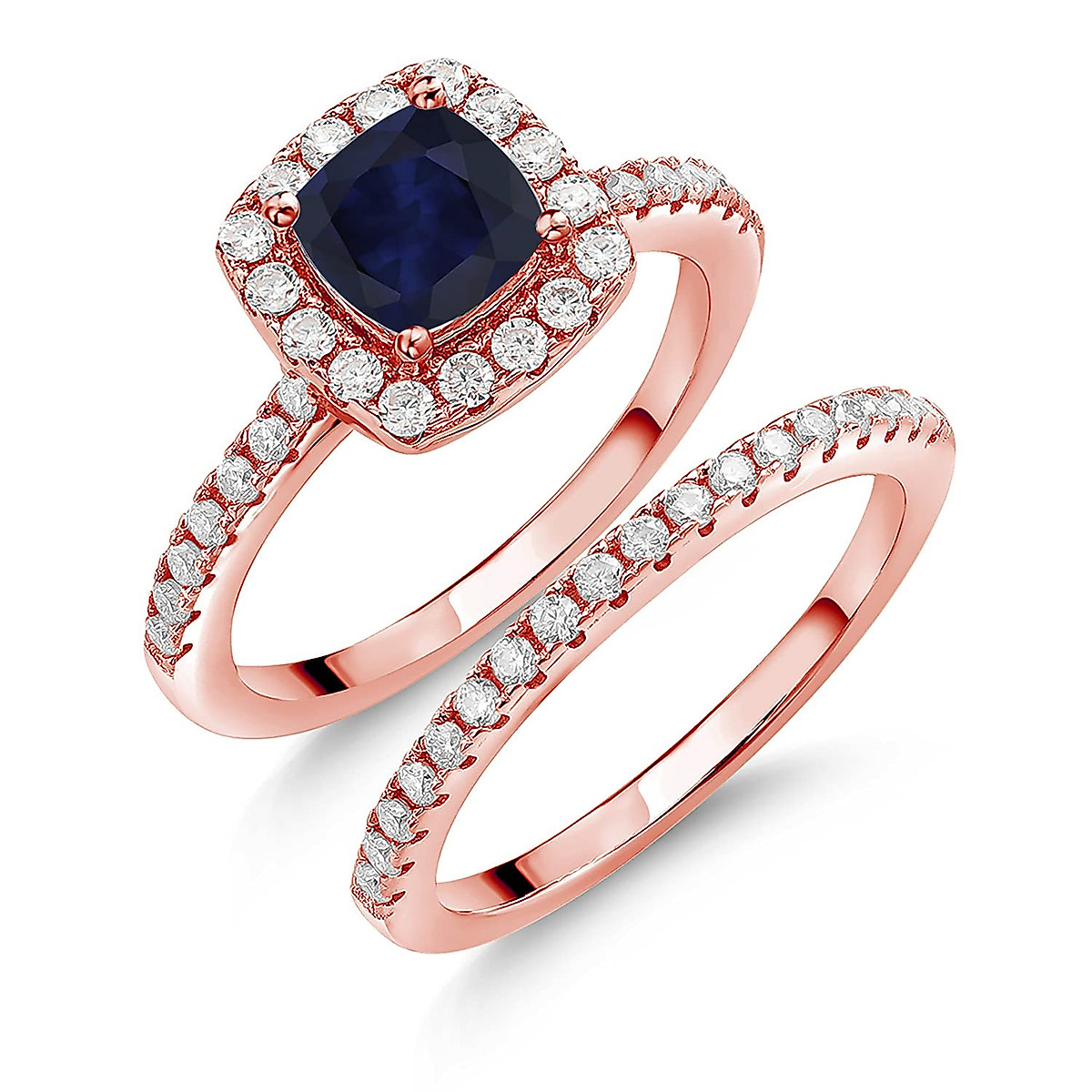 Gem Stone King 18K Rose Gold Plated Silver Cushion Blue Sapphire and Moissanite Women Wedding Engagement Ring Band Bridal Set (1.82 Cttw, Available in size 5, 6, 7, 8, 9)