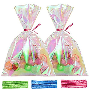 Sainyarh 120pcs Cellophane Treat Bags, Iridescent Holographic Cellophane Bags, 6x9 inch Iridescent Holographic Cellophane Goodie Bags, Iridescent Cellophane Party Favor Treat Bags Candy Cookie Bags