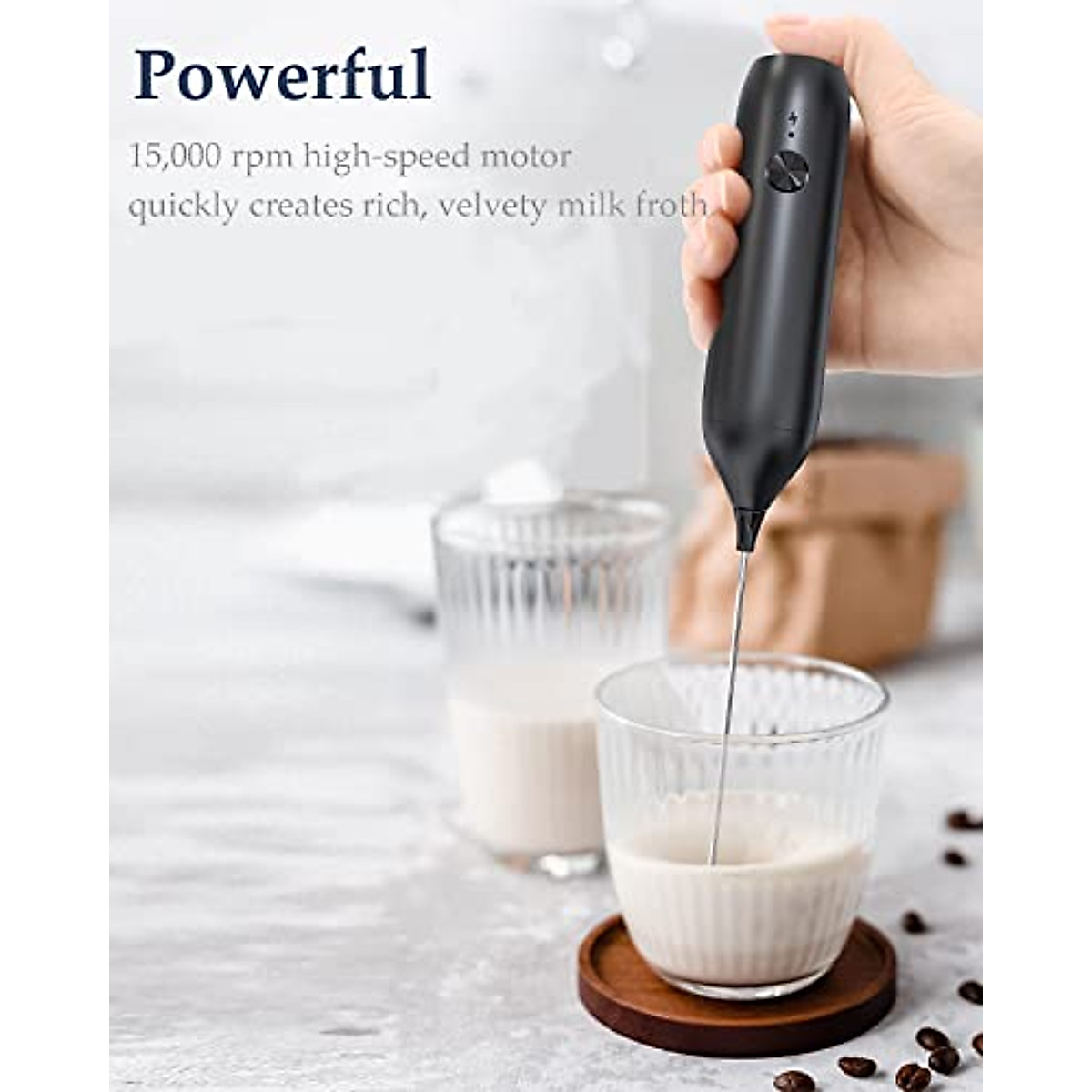 COKUNST Electric Milk Frother Handheld Rechargeable USB C, Powerful Milk Foamer Frother, Mini Drink Mixer Electric Handheld, Durable Whisk Coffee Milk Frother for Cappuccino, Latte, Hot Chocolate
