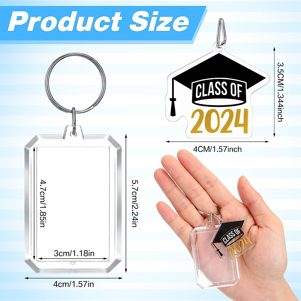 Landical 30 Set Graduation Photo Keychains Class of 2024 Acrylic Photo Frame Keyrings Rectangle 2024 Clear Blanks Picture Keychains DIY Grad Cap Key Chain for Graduation Party Gifts, 2.2 x 1.6 In