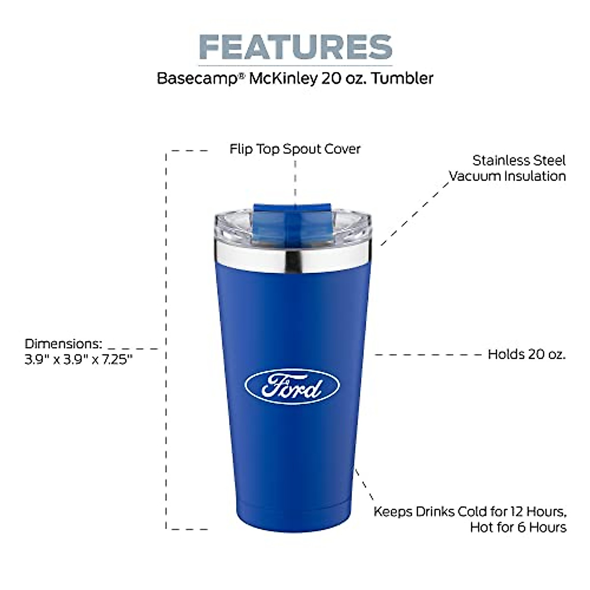 Helm Ford Basecamp Insulated Tumbler, Travel Coffee Mug With Lid, Blue, 20 Oz.