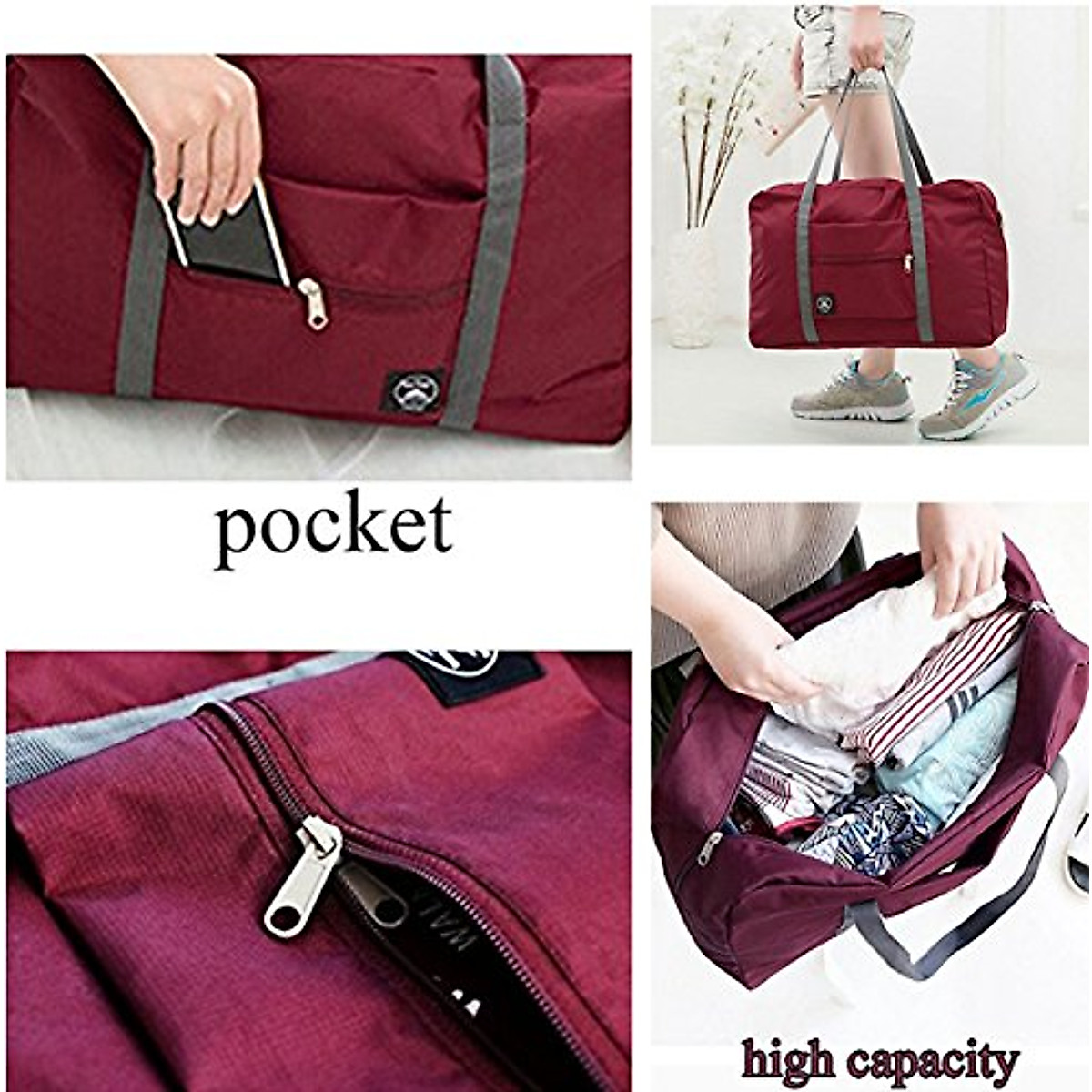 Foldable Travel Bag Luggage Storage for Sports Gym Water Resistant Nylon Canvas Duffel for Men, Women 32 Liter （Red）