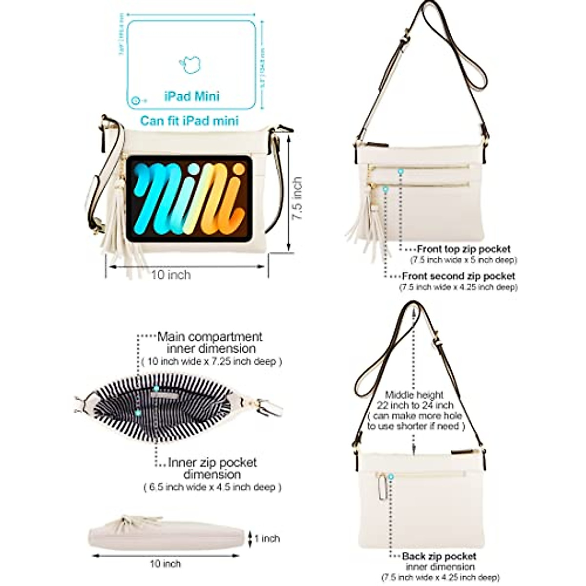 B BRENTANO Vegan Multi-Zipper Crossbody Handbag Purse with Tassel Accents (Black 1)