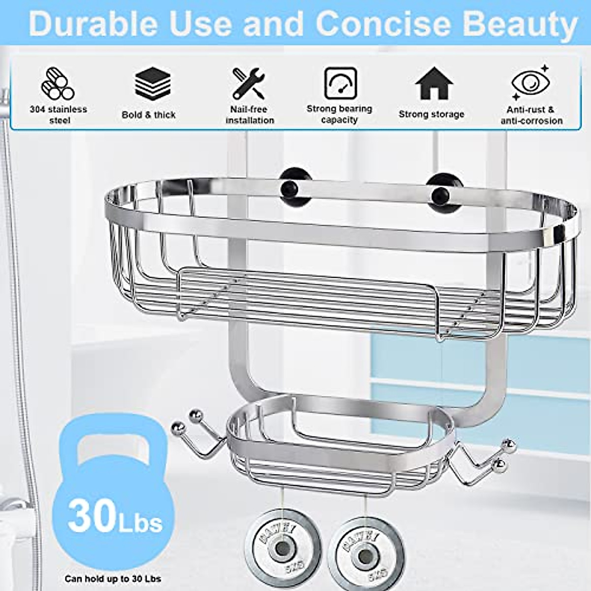 homyfort Shower Caddy Rack Over Shower Head Suction Cup and Toothbrush,cup Holder for Razor and Sponge-Shampoo Soap Organizer,Rustproof Stainless Steel, Silver(2 PACK)