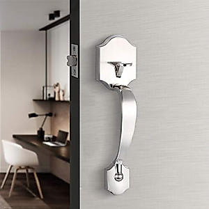 home improvement direct Single Cylinder HandleSet Door Handle for Entrance Front Door Handle for Right Handed Doors, Camelot Trim Lower Half Handle Set in Satin Nickel Finish