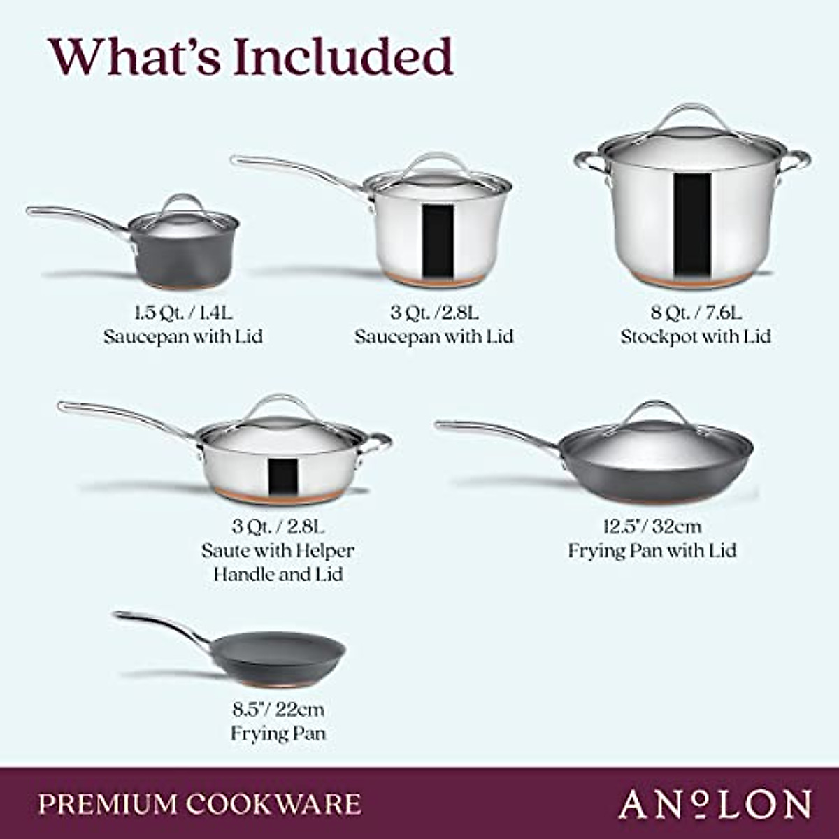Anolon Stainless Steel & Hard Anodized Aluminum, Cookware Set (11 Piece)