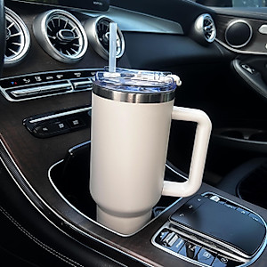 40 oz Tumbler with Handle and Straw Lid,Insulated Reusable Stainless Steel Water Bottle Travel Mug，Cupholder Friendly Double Wall Vacuum Sealed Cup Rice White