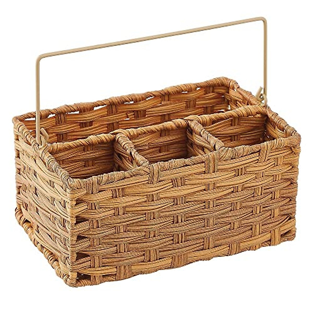 mDesign Plastic Woven Divided Cutlery Storage Organizer Caddy Tote; Basket Holder for Kitchen Table, Cabinet, Pantry - Holds Silverware, Forks, Knives, Spoons, Napkins and other Utensils - Camel Brown