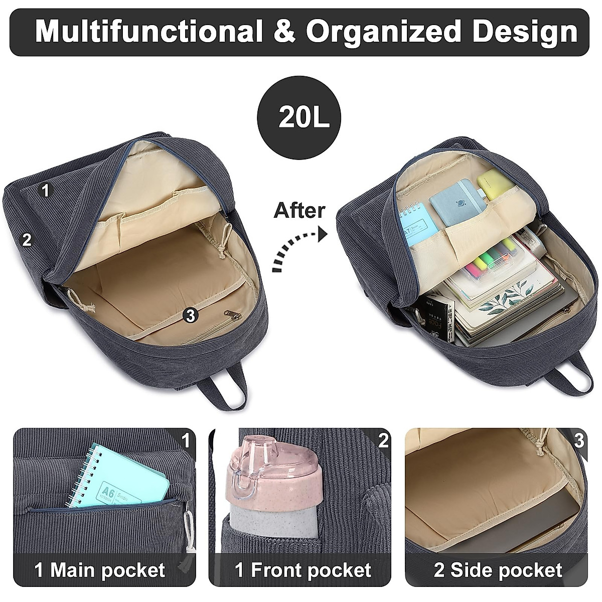 School Backpack for Teens Large Corduroy Bookbag Lightweight 17 inch Laptop Bag for Girls Boys Casual High School College