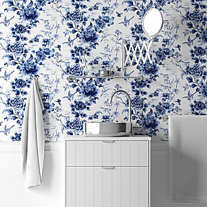 RUSPEPA Peel and Stick Wallpaper - Blue Flower White Design Self Adhesive Removable Wallpaper Decorative Waterproof Contact Paper for Cabinets, Walls - 17.3 Inch x 6.5 Feet
