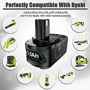 POWTREE Upgraded 6500mAh 18V Replacement for Li-ion Ryobi 18V Battery ONE+ Plus P108 P102 P103 P104 P105 P107 P109 P122 PBP005 RB18L50 Cordless Power Tools with LED Indicator 2Pack