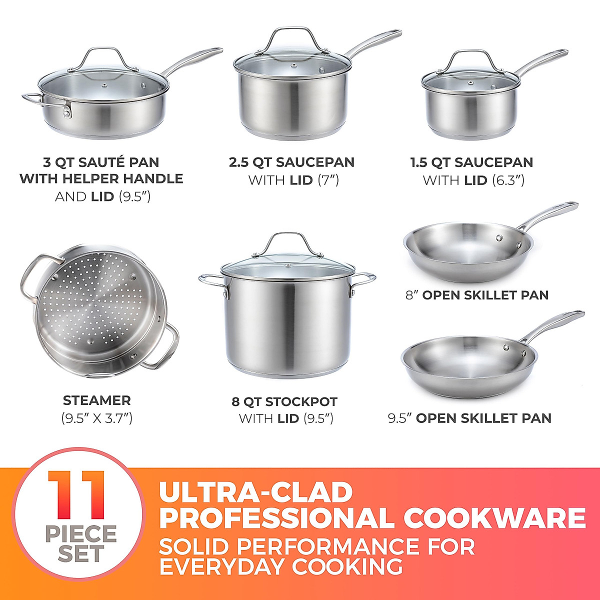 Mueller Pots and Pans Set 11-Piece, Ultra-Clad Pro Stainless Steel Cookware Set, Ergonomic and EverCool Stainless Steel Handle, Includes Saucepans, Skillets, Stockpot, Saute Pan, Steamer