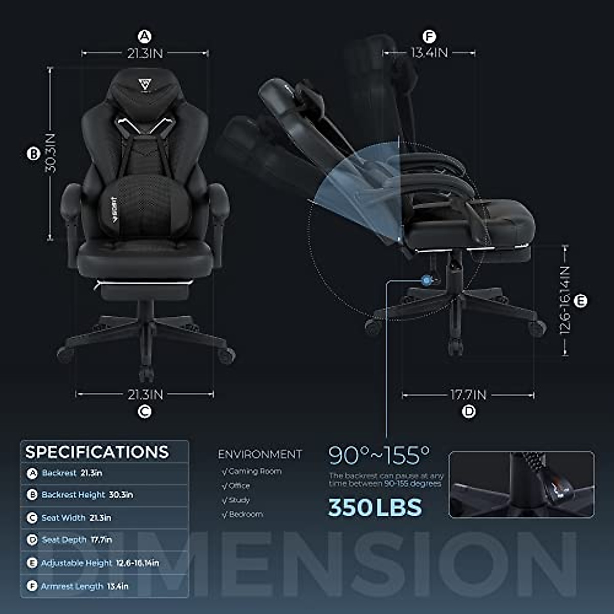Vigosit Gaming Chair PRO, Ergonomic Gaming Chairs for Adults Heavy People, Massage Reclining Office Desk Computer Chair with Footrest and Lumbar Support, Big Tall Mesh Gamer Chair with Cushion (Black)