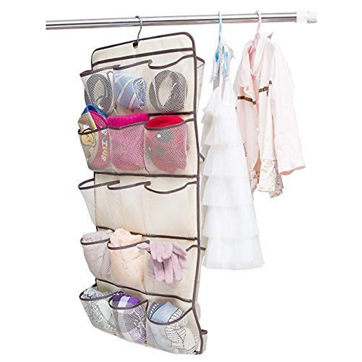 Double Sided 30 Pockets Hanging Underwear Organizer for Underwear, Stocking, Toiletries Accessories, Bra, Sock, Mesh Pockets & Rotating Metal Hanger
