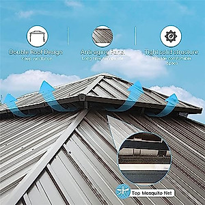 UBGO 12"x20"Hardtop Gazebo,Outdoor Permanent Gazebo with Galvanized Steel Double Roof,Cedar Wood Frame Canopy,Metal Pavilion with Curtains and Netting for Patio, Backyard and Lawn(Brown)