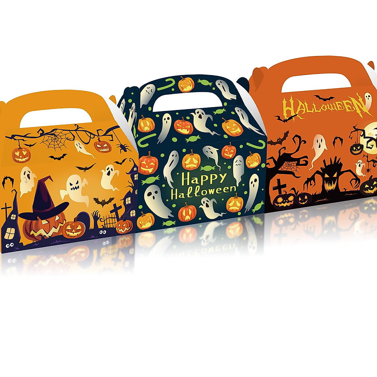 12 Pcs Halloween Party Goodies Boxes Dessert Treat favors Gable Decorations, Pumpkin Candy Bags with Handle, Happy Meal Paper Box for Keeping Candy Popcorn, Toys Birthday Kraft yellow small (12)