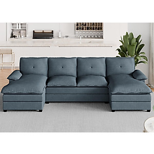 Meilocar Sectional Couches for Living Room, U Shaped Couch 110in Sectional Sofa, 4 Seat Large Sofa with Wide Chaise Lounge and Double Seating Cushions, Cloud Couch for Living Room (Grey)