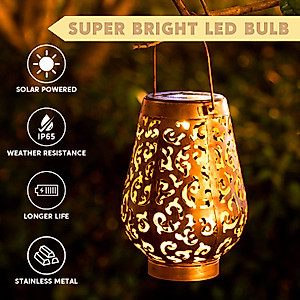 JOIEDOMI 2 Pack Outdoor Solar Hanging Lantern Lights, Waterproof Table Top Solar Lanterns, LED Metal Decorative Garden Solar Lights, Moroccan Lanterns Solar Powered with Handle for Patio