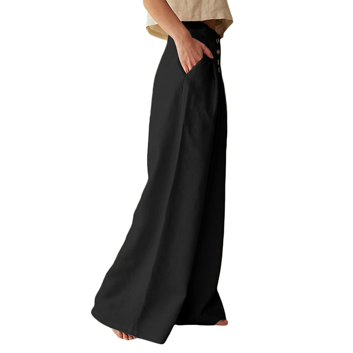 LYANER Women's High Waisted Button Front Wide Leg Palazzo Pants Loose and Casual Trousers Black X-Large