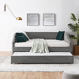 Eafurn Upholstered Daybed with Twin Size Trundle Bed and Wooden Slatted, Modern Linen Upholstered Full Size Day Bed Tufted SofaDaybed Frame and A Trundle, No Box Spring Needed, Furniture for Bedroom