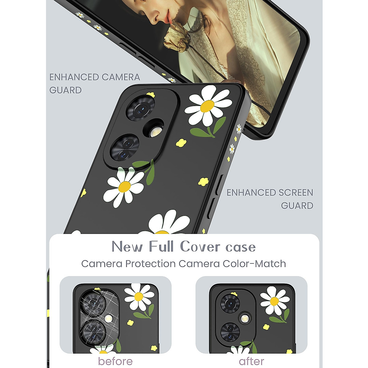 Yucenx for Oneplus Nord n30 5G Case, Girls Women Florals Liquid Silicone Phone Case, Shockproof Anti-Scratch Soft Protection Case with Screen Protectors for OnePlus Nord N30 5G (Black)