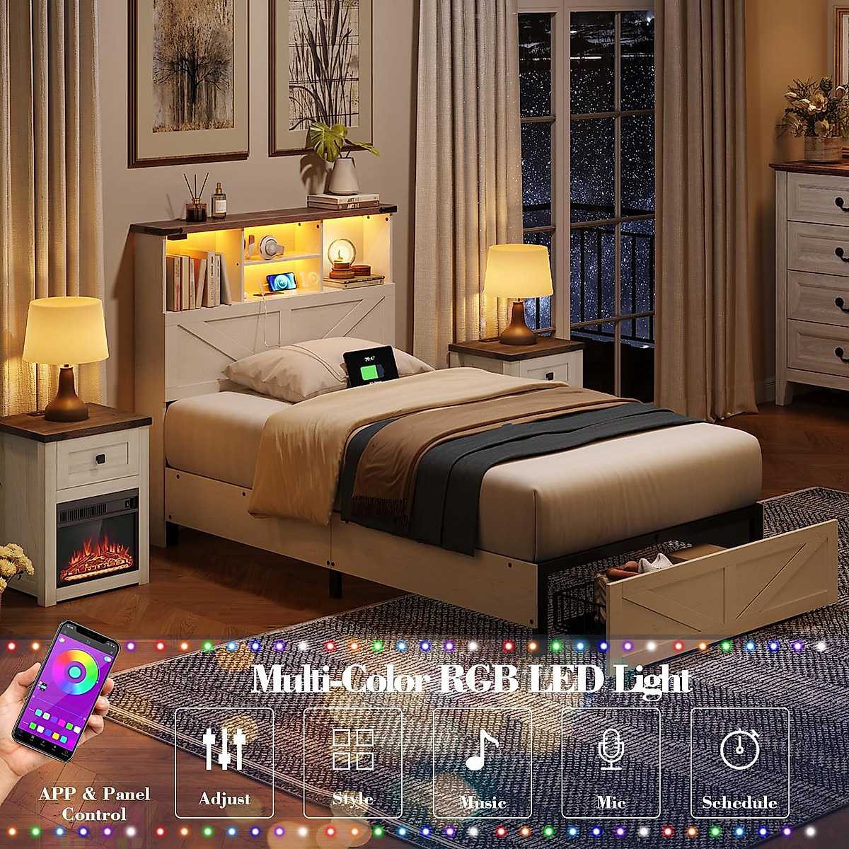 ROCHECASA Twin Bed Frame with Bookshelf, Bookcase High Headboard with Charging Station and LED Light, Farmhouse Bed with Storage Drawers, No Box Spring Needed, Noise Free, Easy Assembly, White