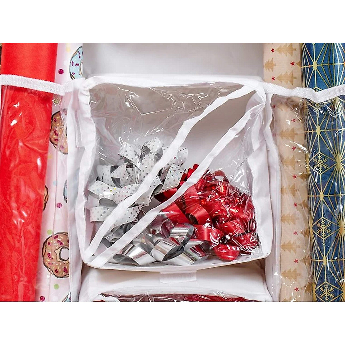 Gift Wrap Organizer - Storage for Wrapping Paper (All Sized Rolls), Gift Bags, Bows, Ribbon and More - Organize Your Closet with this Hanging Bag & Box to Have Organization, Clear Pockets & Hook Hangs