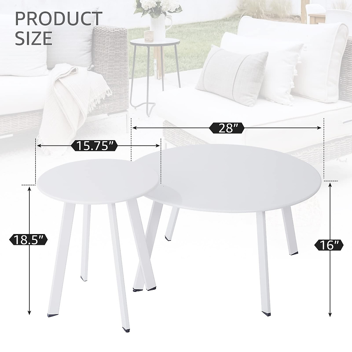 Meluvici Patio Coffee Table Set of 2, Weather Resistant Outdoor Round End Table, Nesting Tables for Living Room Balcony Office, White