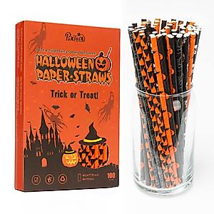 100PCS Halloween Paper Straws -Disposable Pumpkin Bat Spider Skull 7.75" x0.24" Six Color Assorted Black Paper Decorative Straws for Crafts, Kids, Party (0.24" x 7.75", Assorted Halloween)