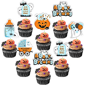 Jollyboom Halloween Baby Shower Party Decoration Boy, 36Pcs A Baby Is Brewing Baby Shower Decorations Cupcake Topper for A Little Boo Is Almost Due Halloween Welcome Baby Shower Gender Revel