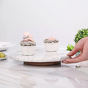 MyGift 11 Inch Natural White Marble with Acacia Wood Base Lazy Susan Serving Tray - 360 Degree Rotating Spice and Condiment Turntable - Handcrafted in India