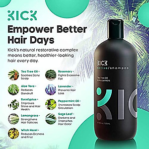 Kick Mens Shampoo - Tea Tree Oil and Peppermint Shampoo - Itchy Scalp Treatment Mens Shampoo for Thinning Hair - No Sulfates -Powerful Anti Dandruff Shampoo for Men & Women, 509 ml -17.2 ounces