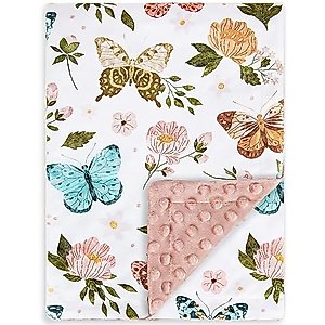 Floral Baby Blanket for Girls Soft Comfy Minky Toddler Blanket with Double Layer Dotted Backing, Beauty Butterfly Printed Bed Blanket for Nursery Crib Decor 30 x 40 Inch(75 x 100 cm)