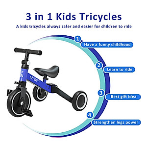 67i 3 in 1 Tricycle for 1-3 Year Old Toddler Bike Kids Tricycles for 1-3 Year olds Toddler Tricycle Kids Trikes Adjustable Seat and Removable Pedal Baby Balance Bike Boys Girls (Blue)