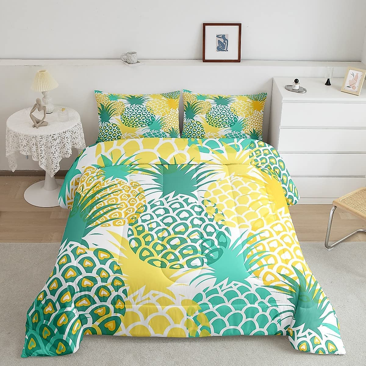 Pineapple Comforter Set with Pillow Case Green Yellow Fruit Bedding Set Girls Women King Size Comforter Tropical Pineapple Soft Comforter Set Machine Washable Boys