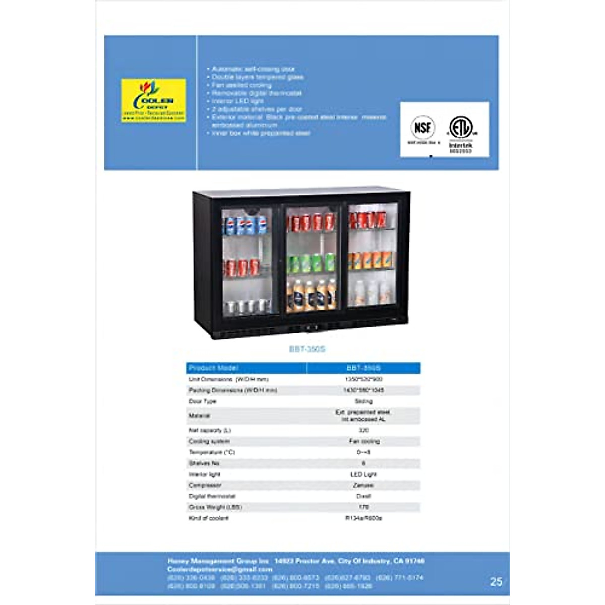 Beer Back Bar Cooler 3 Glass Sliding Door 53" Width Beer Fridge NSF Certified Beverage Refrigerator 11.8 cu.ft Under Counter Height 35°-46°F Black bb3dup