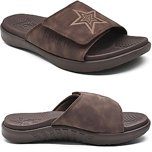 KuaiLu Mens Slides Soft Cushion Sport Sandals with Plantar Fasciitis Arch Support Adjustable Open Toe Summer Slippers Slip on Indoor Outdoor Sandalias Para Hombres, Dark Brown Size 10