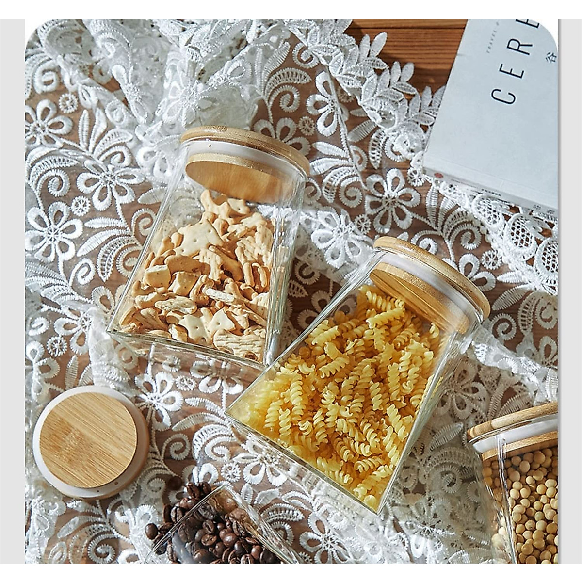 SayasNoy Glass Jars with Bamboo Lids, Candy Jar with Lid, Coffee jar for Counter, Cookie Jar with Airtight Lids, Clear Glass Jar for Candy, Tea, Coffee Bean, Sugar, Spices, Apothecary etc (19oz/550ml)