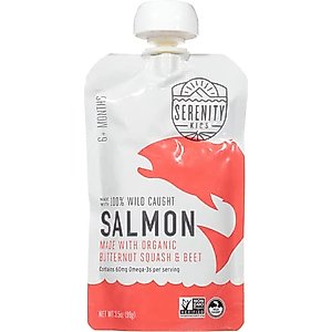 Serenity Kids 6+ Months Baby Food Pouches Puree Made With Ethically Sourced Meats & Organic Veggies | 3.5 Ounce BPA-Free Pouch | Wild Caught Salmon, Butternut Squash, Beet | 1 Count