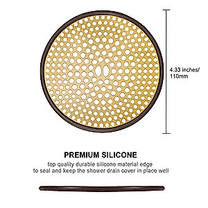 304 Stainless Steel Hair Catcher Shower Drain Cover with Silicone, Shower Stall Drain Strainer, Bathtub Hair Stopper, Bathroom Hair Trap Floor Drain Protector, Brushed Gold Brass 4.33 Inch Round Flat
