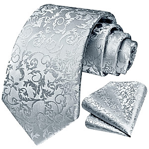 Silver Tie for Men Solid Paisley Floral Grey Mens Ties Handkerchief Set Classic Business Flower Tuxedo Neckties for Wedding Party Tie