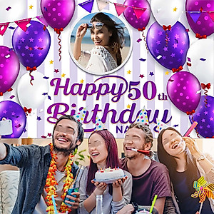 Custom Happy 50th Birthday Decoration Banner - Personalization Available, Purple, Large Size - Custom Photos and Names