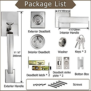 Azdele Satin Nickel Front Door Handle with Deadbolt and Lever Set, Modern Front Door Lock Set, Door Handle with Single Cylinder Deadbolt for Exterior Door, Reversible for Right&Left Handed