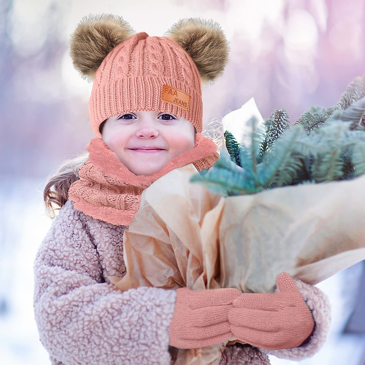 Kids Winter Beanie Hat Scarf Gloves Set, Toddlers Knit Winter Warm Double Pompom Cap Scarf Gloves for 1-5 Years Old (Pink)